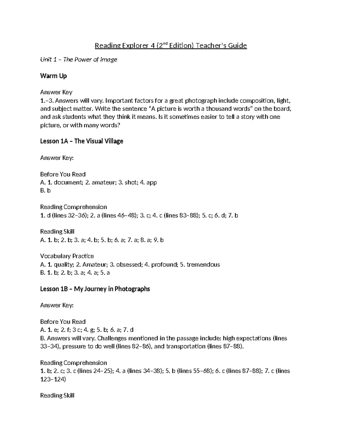 Reading Explorer 4 答案Answer Key & Teacher’s Guide - Studocu