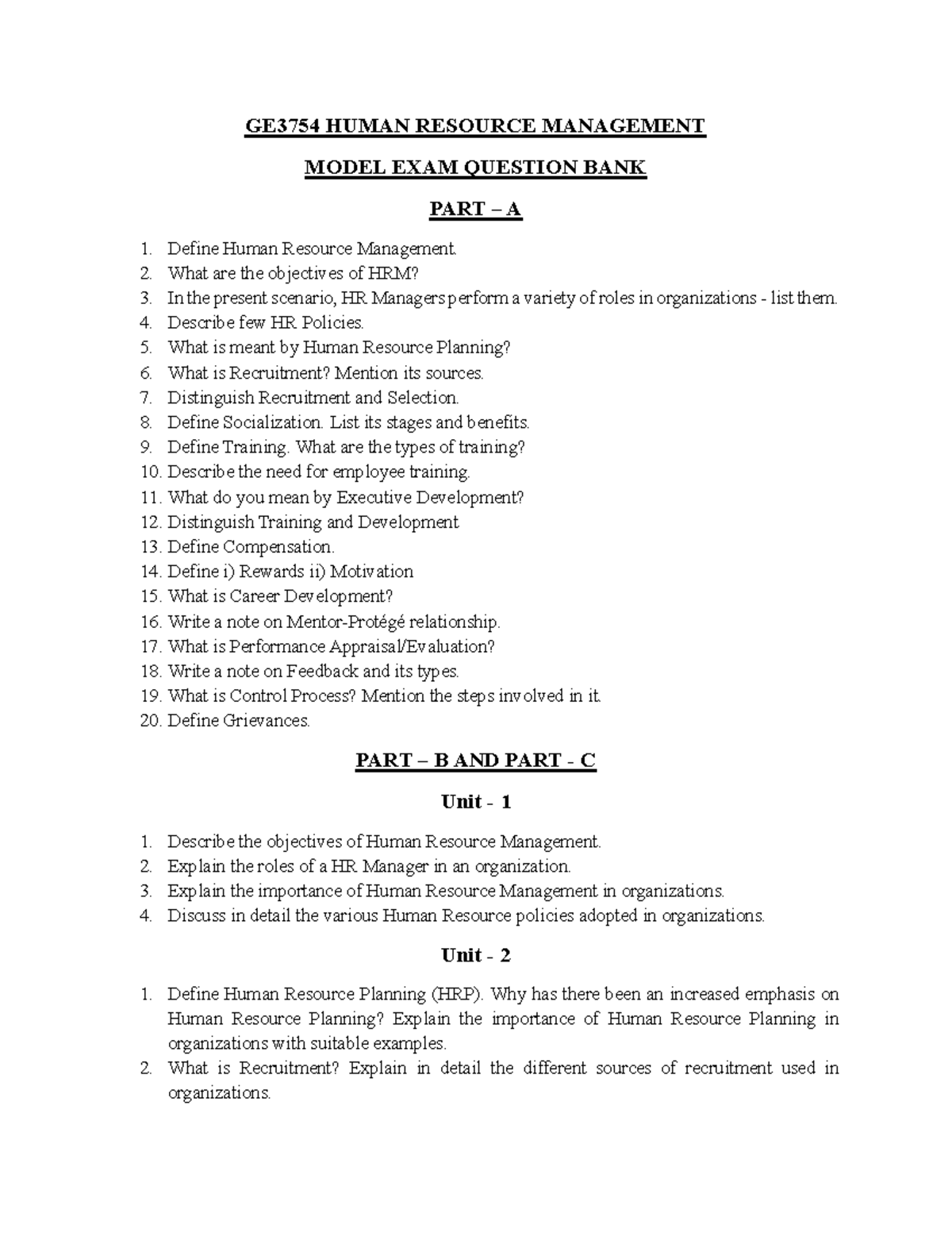 GE3754 HRM MODEL EXAM QUESTION BANK: PART A, B & C Overview - Studocu
