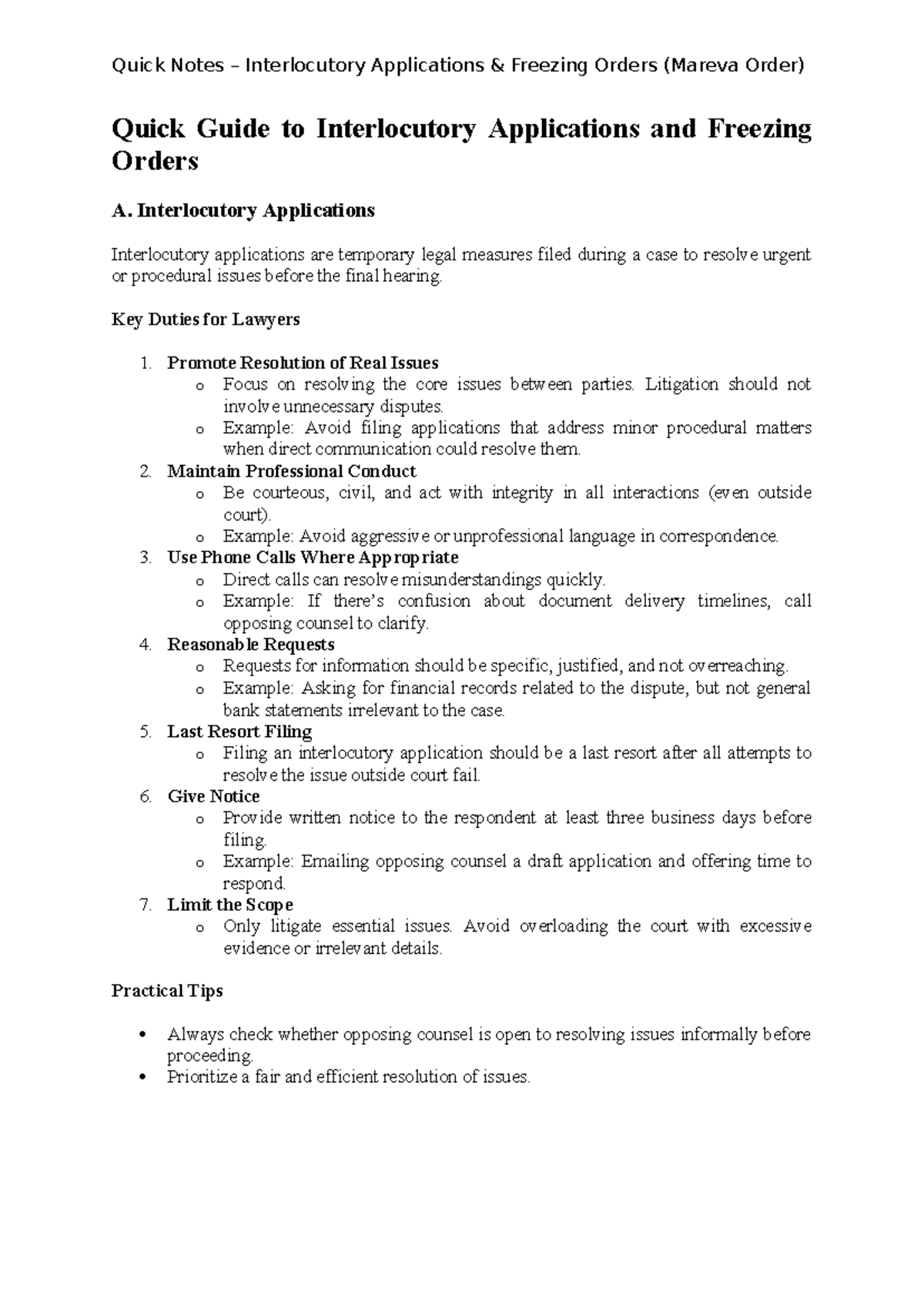 Quick Notes: Interlocutory Applications & Freezing Orders QN - Studocu