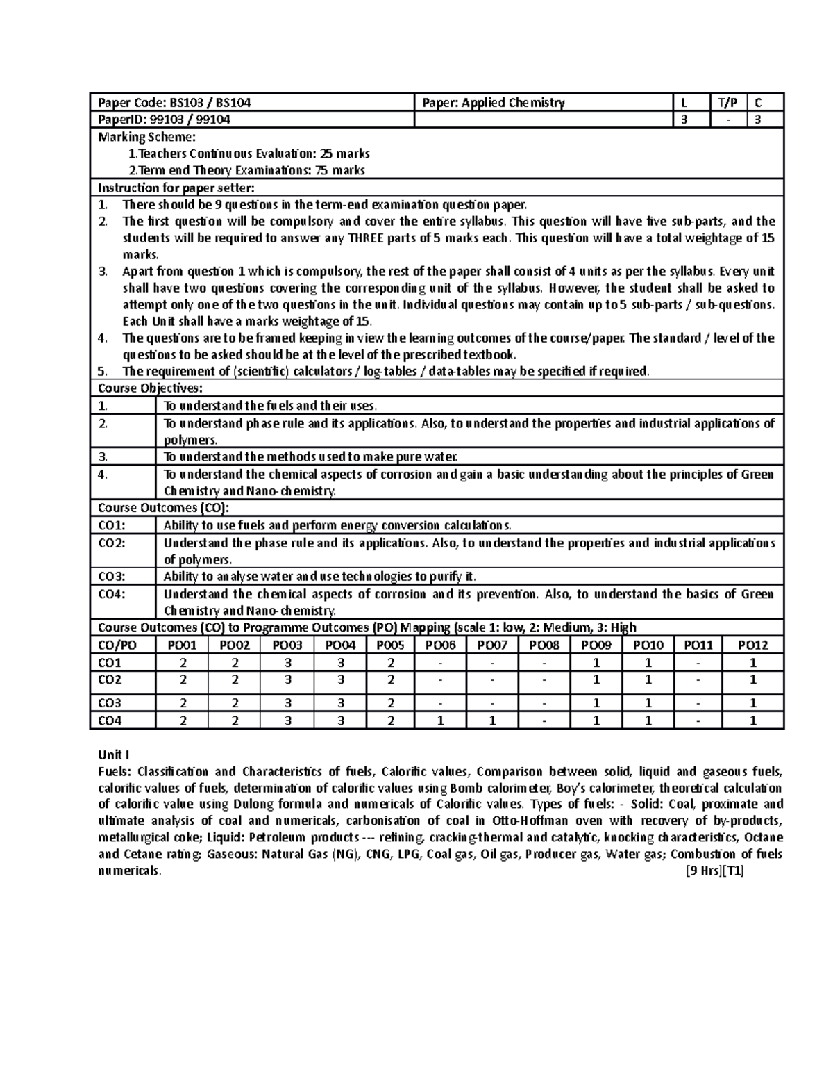 Applied Chemistry Syllabus New - Paper Code: BS103 / BS104 Paper ...