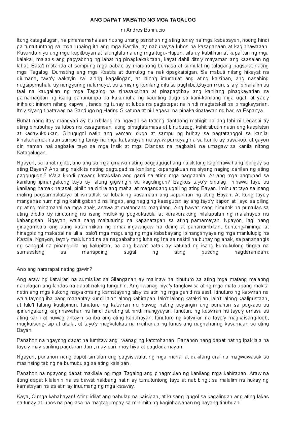 ANG Dapat Mabatid ng mga Tagalog: Isang Pagsusuri sa Kasaysayan - Studocu