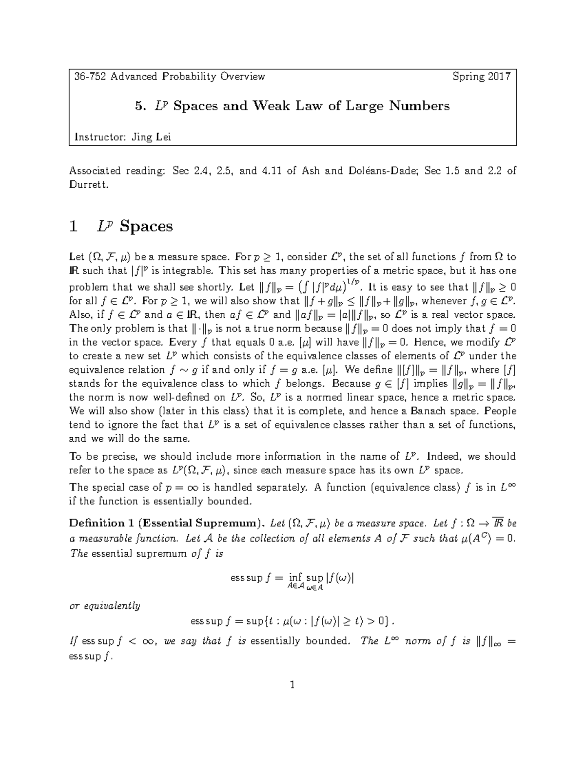 Lec notes 5 - Spaces and Weak Law of Large Numbers. - 36-752 Advanced ...