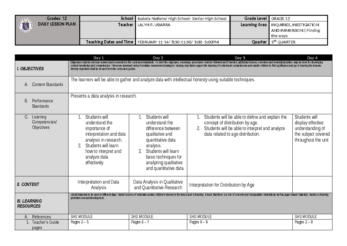 Grade 12 Daily Lesson Plan: Data Analysis & Interpretation (DLL) - Studocu