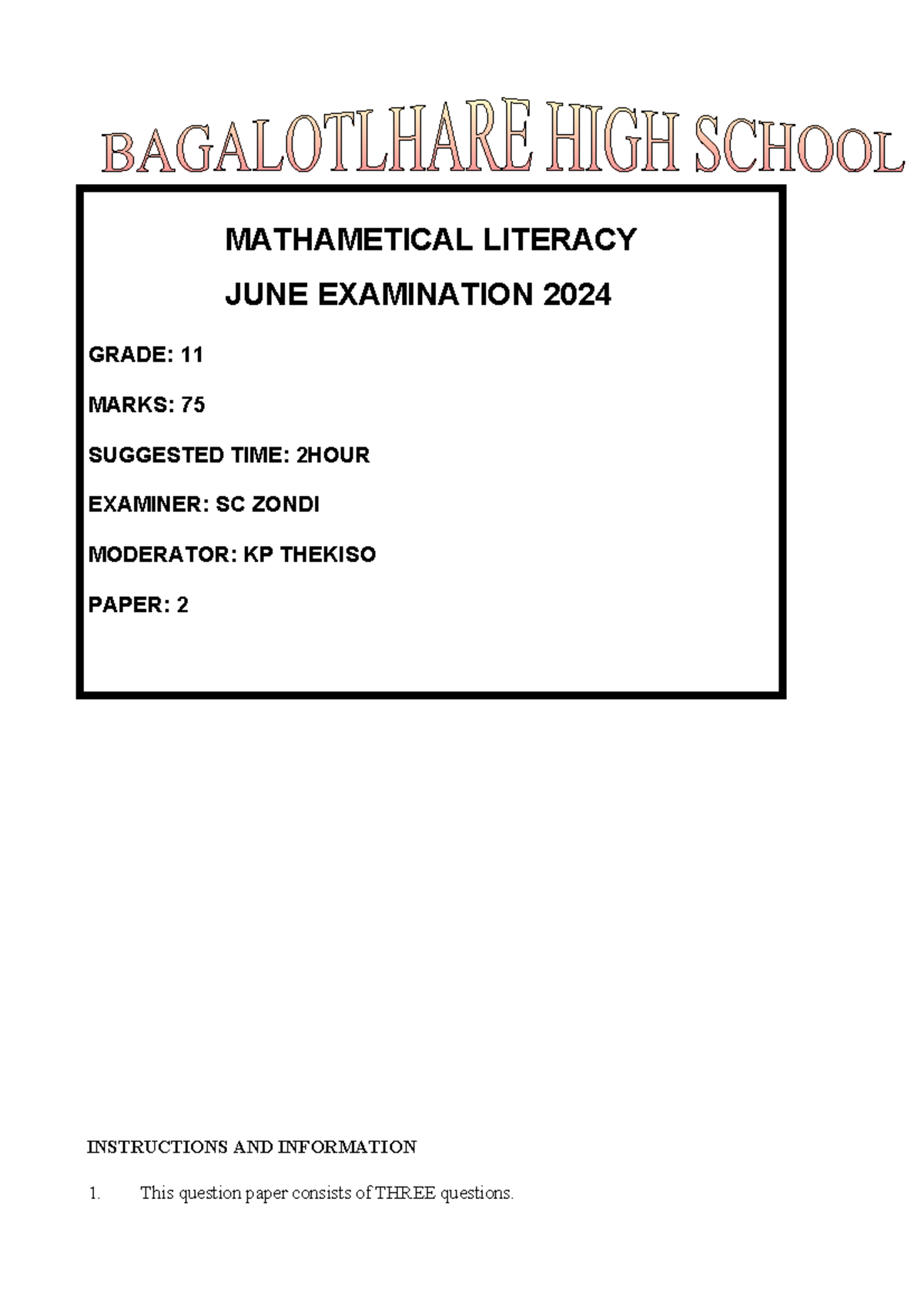 Maths LIT P2 Final Exam GR11 June 2024 Question Paper - Studocu
