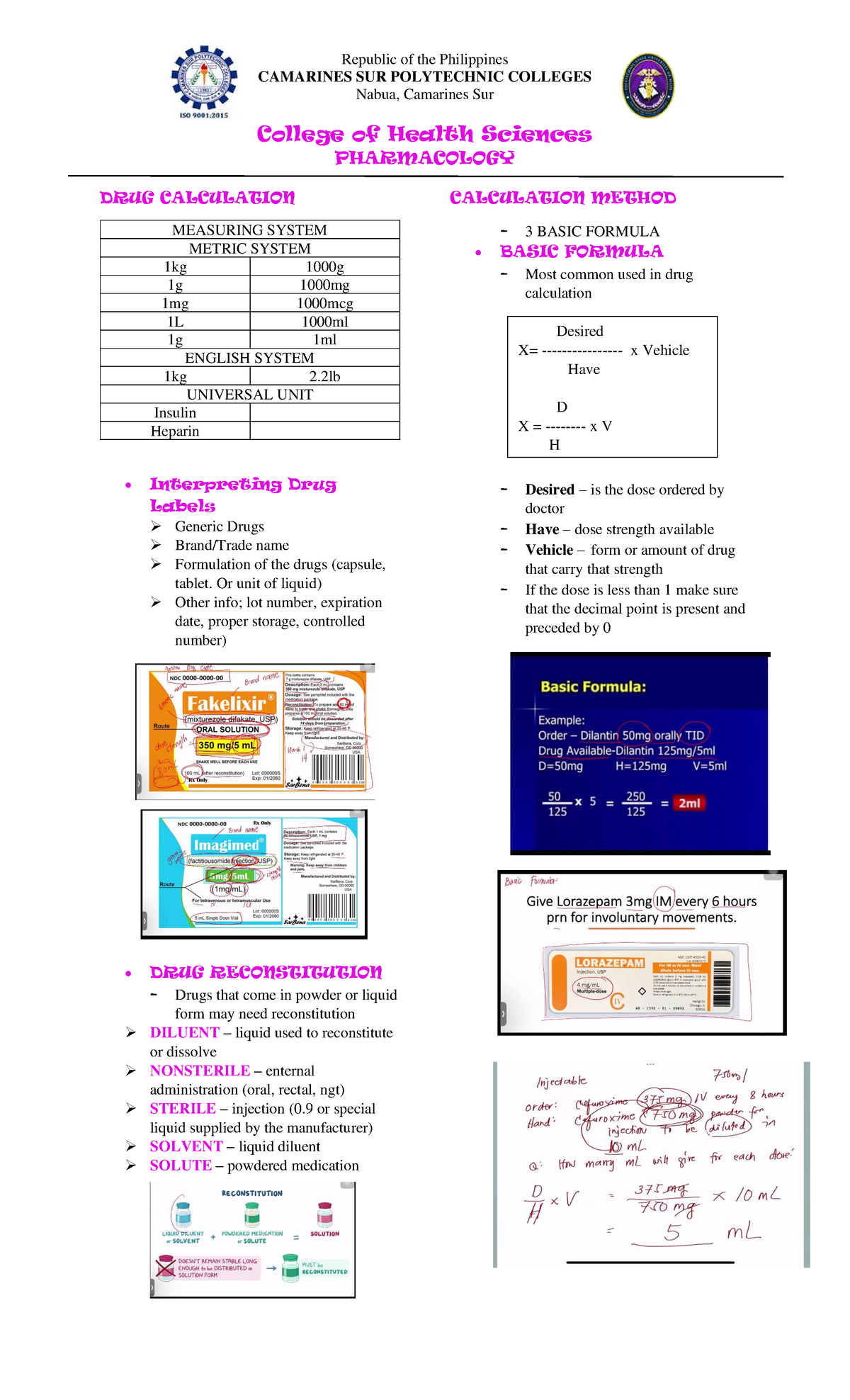 PHARMACOLOGY DRUG CALCULATION NOTES (CSPC) - Studocu
