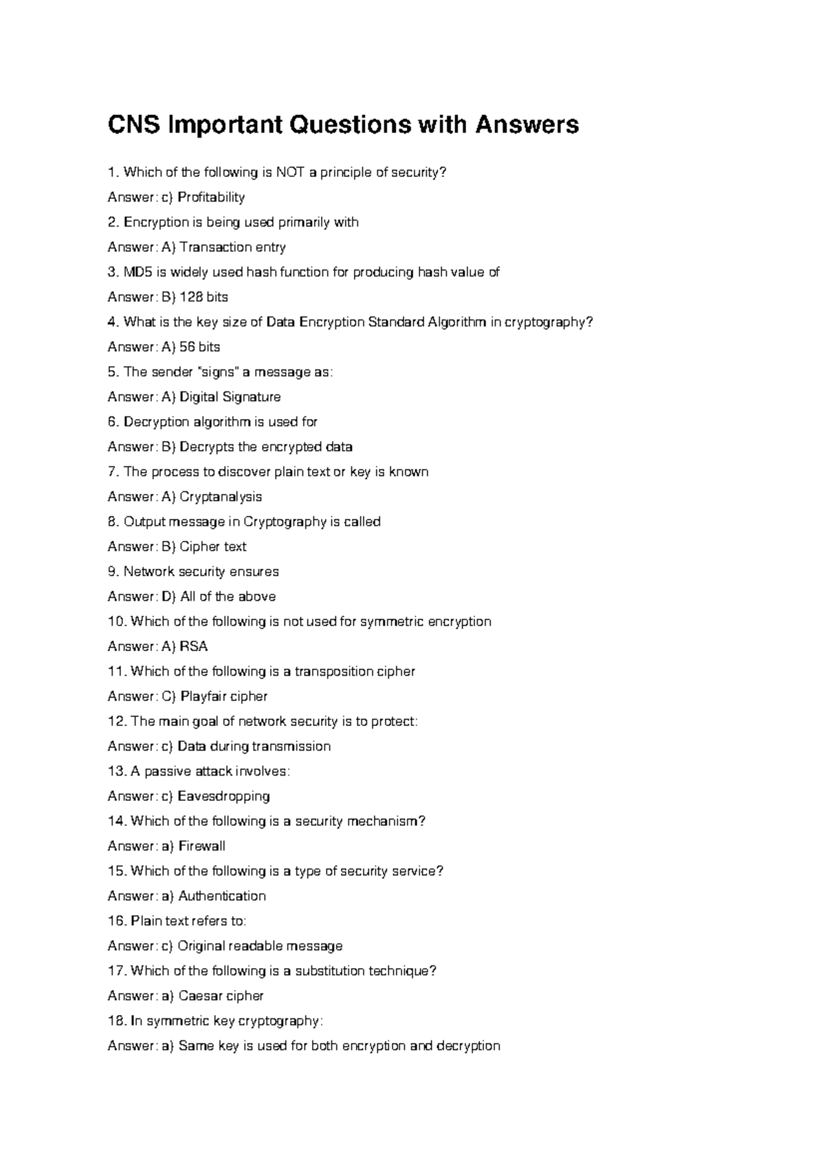 CNS Important Questions & Answers for BTech CSE Students - Studocu