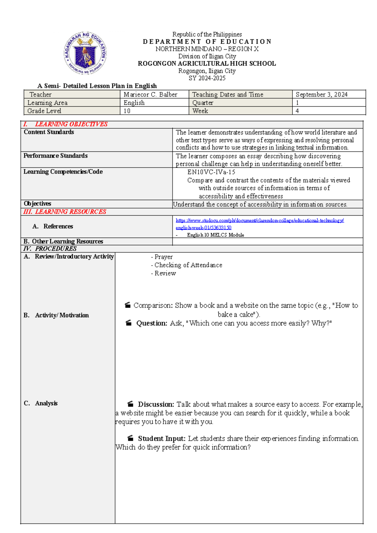 Detailed Lesson Plan in English 10: Accessibility of Information ...