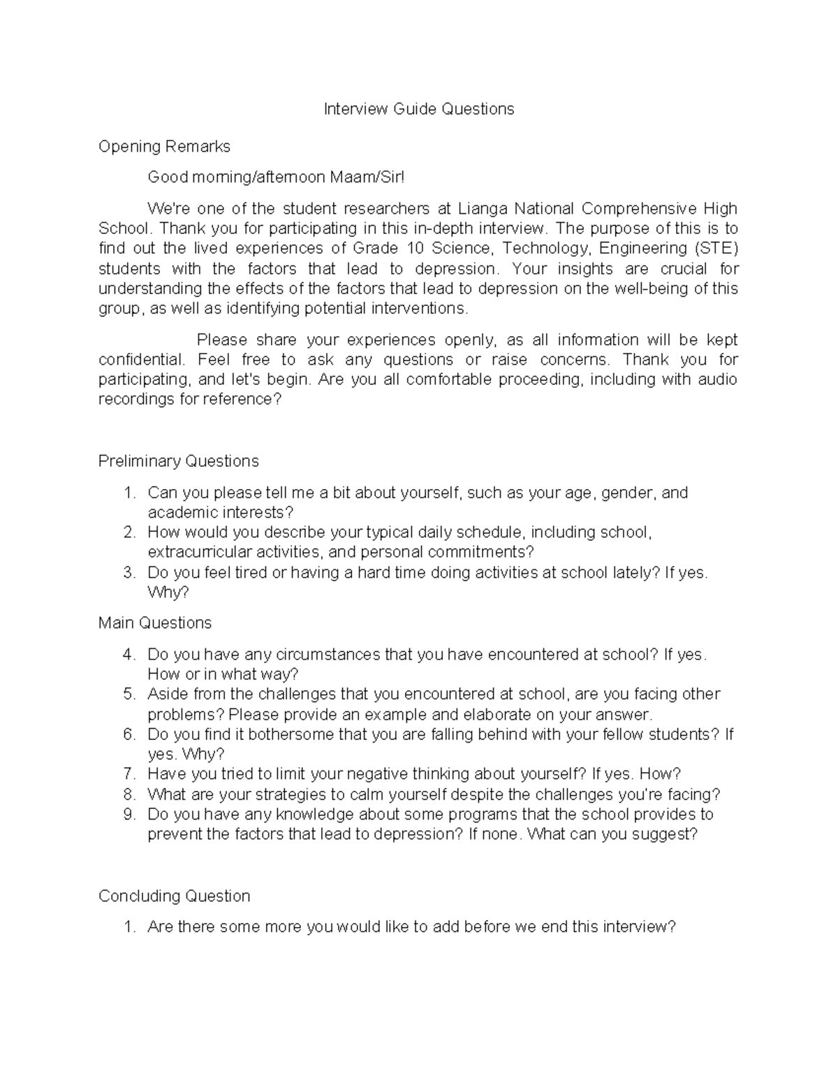 Interview-guide-2 - Secret - Interview Guide Questions Opening Remarks ...