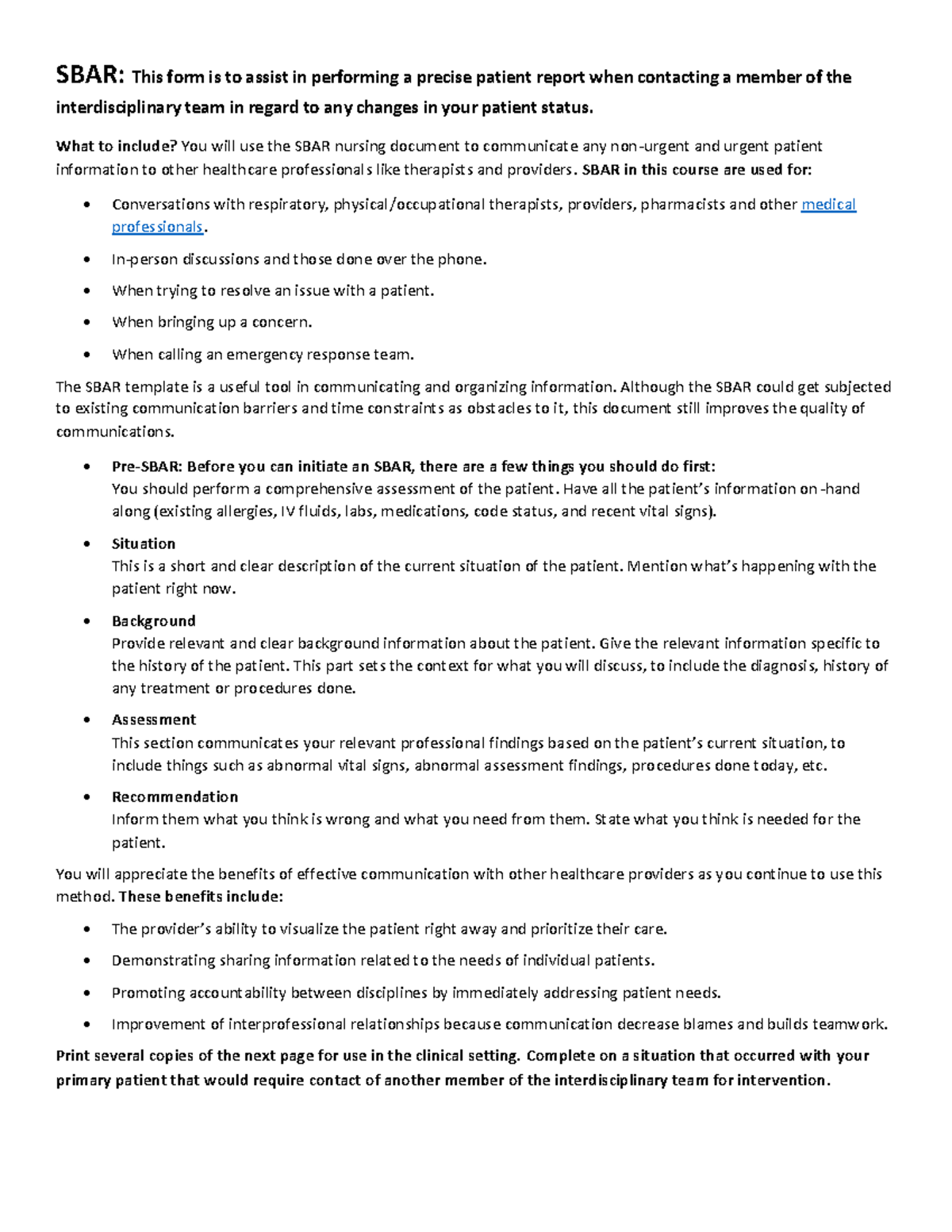 SBAR Communication Template for Patient Reporting - Fall 2023 - Studocu