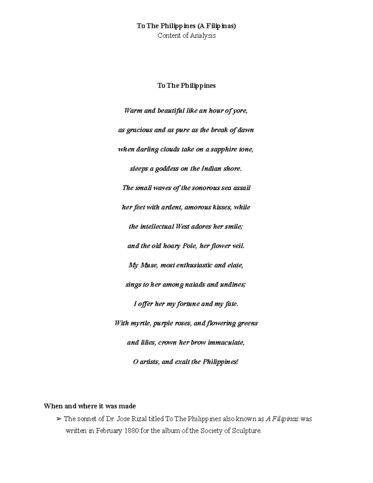 Rizal's Poem "To The Philippines" - Analysis and Insights - Studocu
