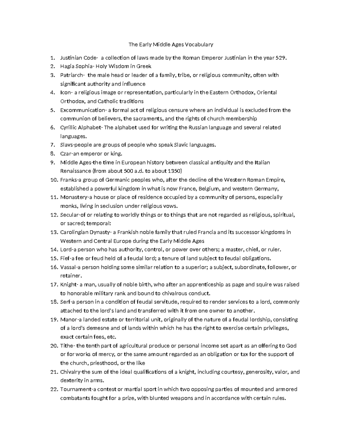 Early Middle Ages Vocabulary (SV) - Key Terms and Definitions - Studocu