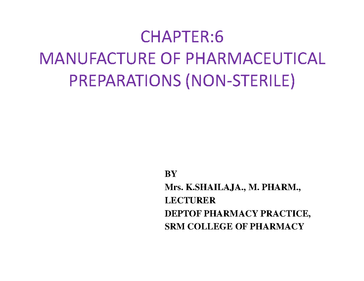 Manufacture of Non-Sterile Pharmaceutical Preparations (Chapter Notes ...