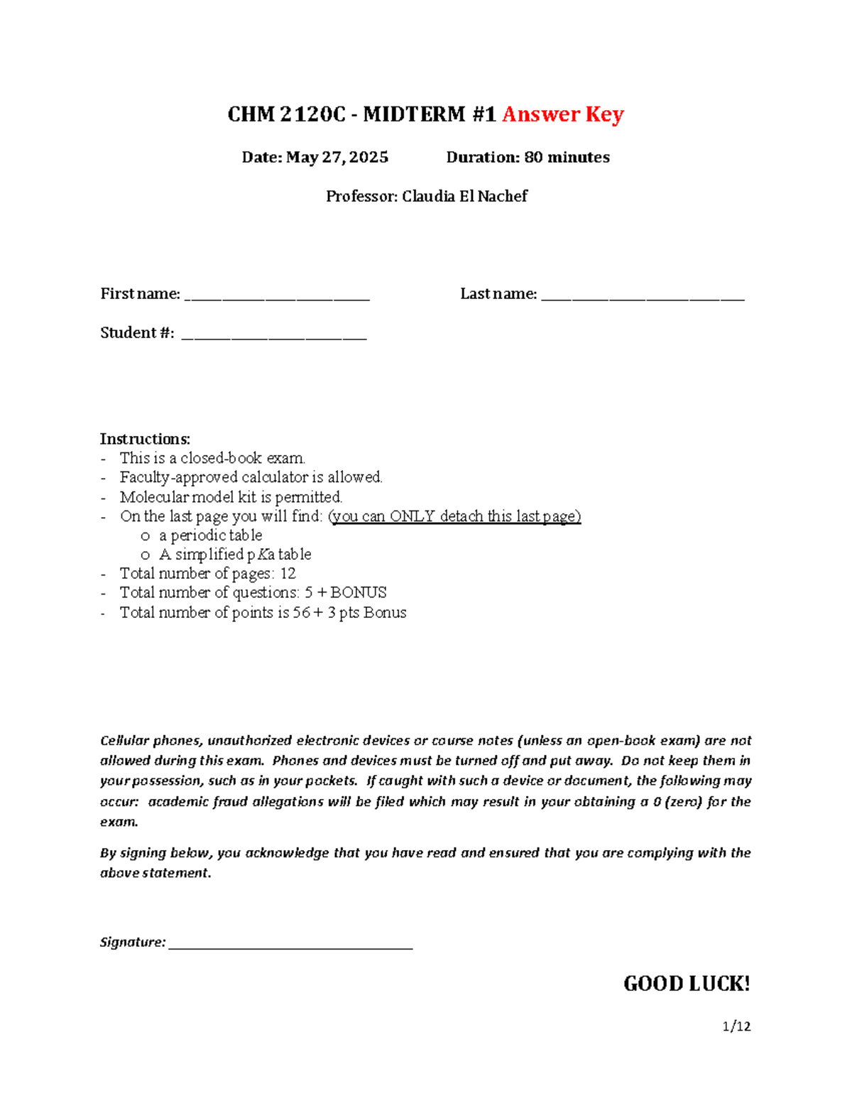 CHM 2120C MIDTERM Exam Answer Key - May 27, 2025 - Studocu
