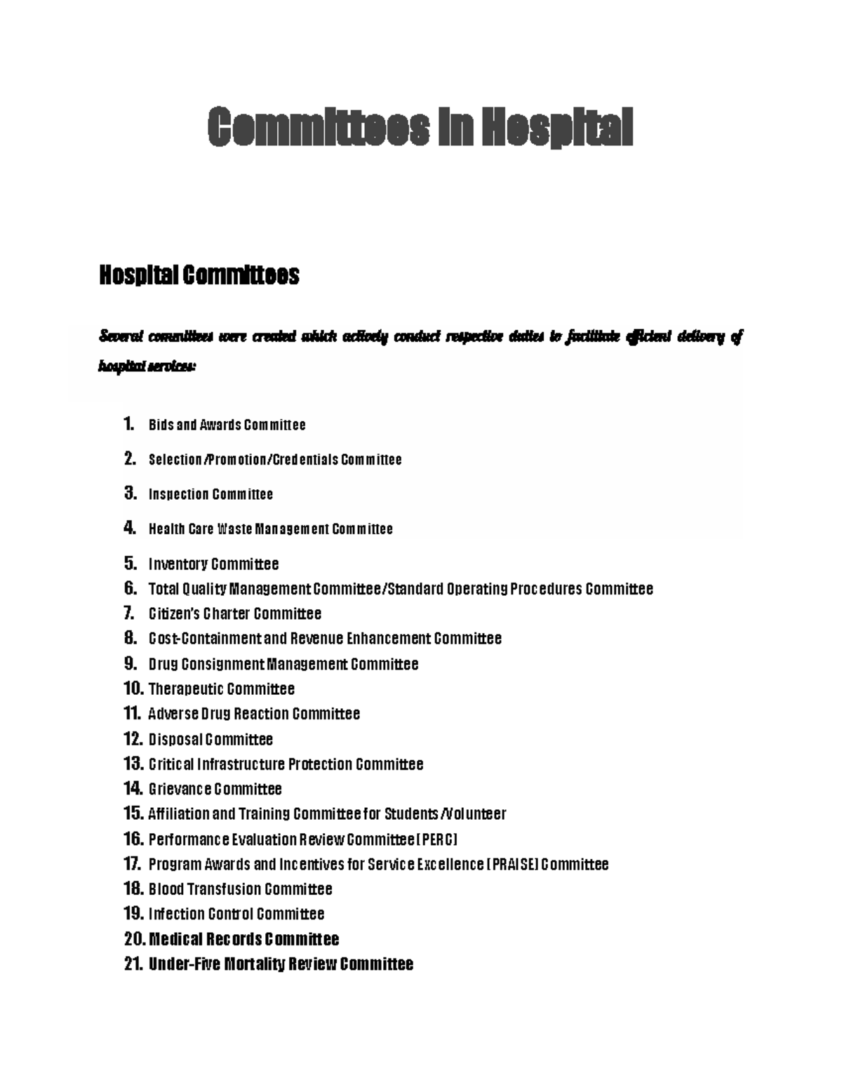 Hospital Committees Overview and Responsibilities - Studocu