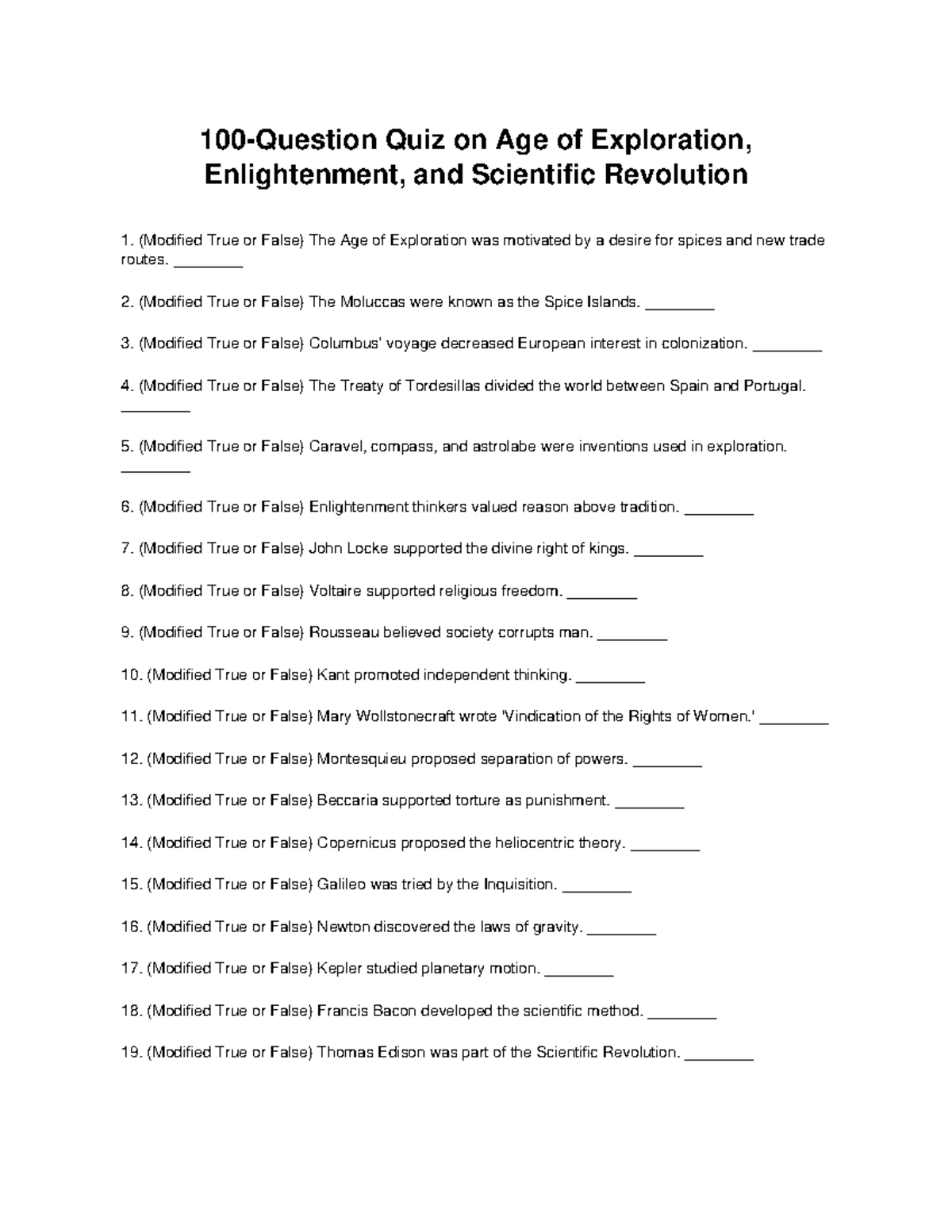 Quiz on Age of Exploration, Enlightenment, and Scientific Revolution ...