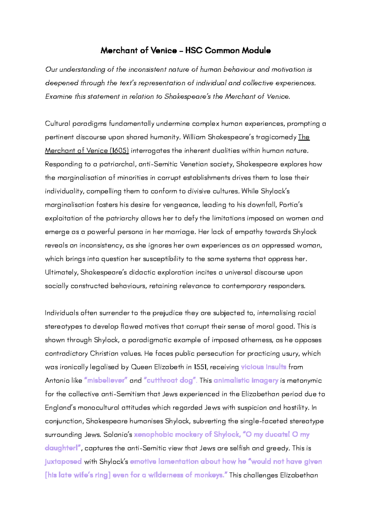 HSC Common Module Essay: Exploring Human Behaviour in The Merchant of ...