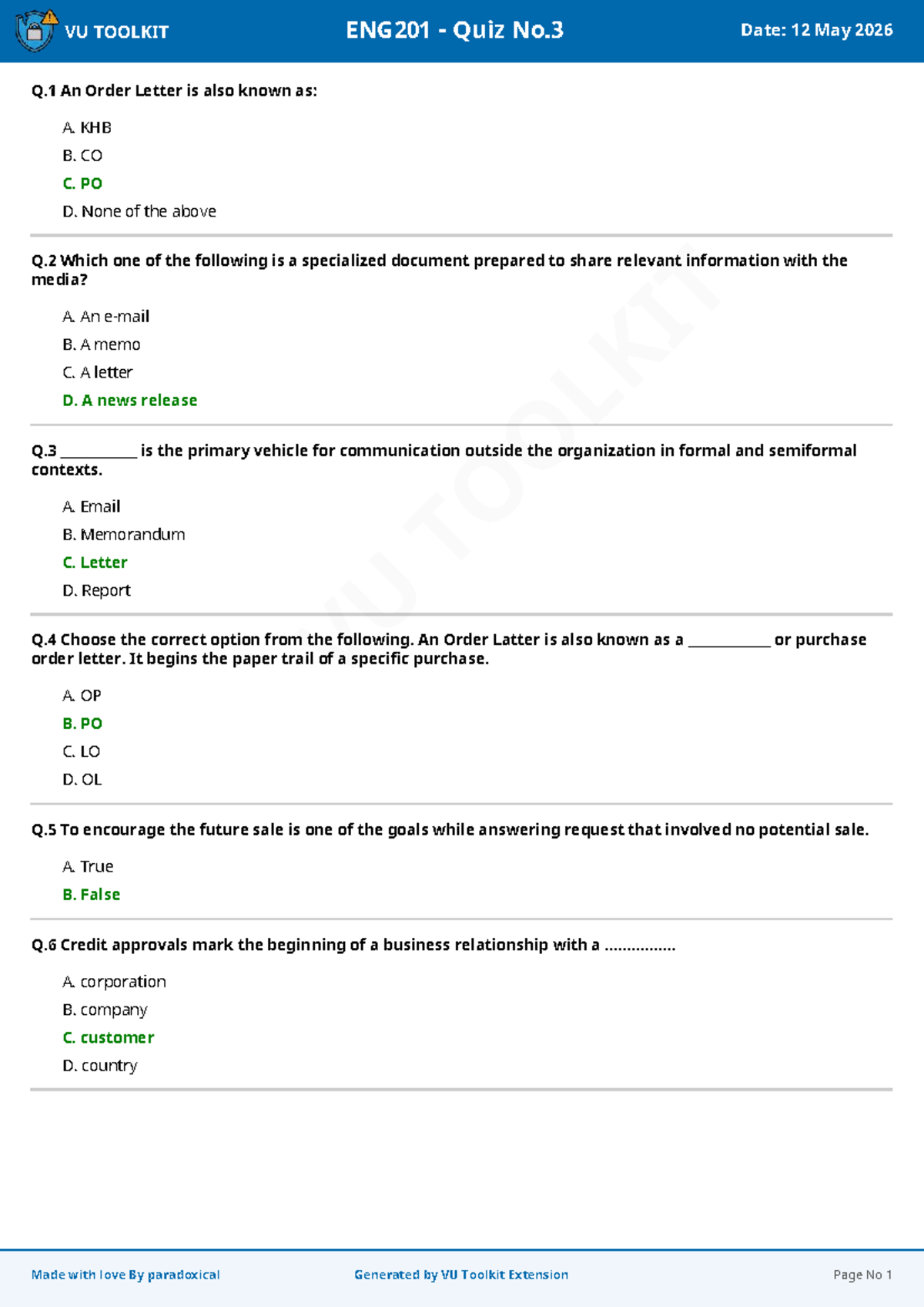 ENG201 Quiz No.3 - 2026: Order Letters & Communication - Studocu