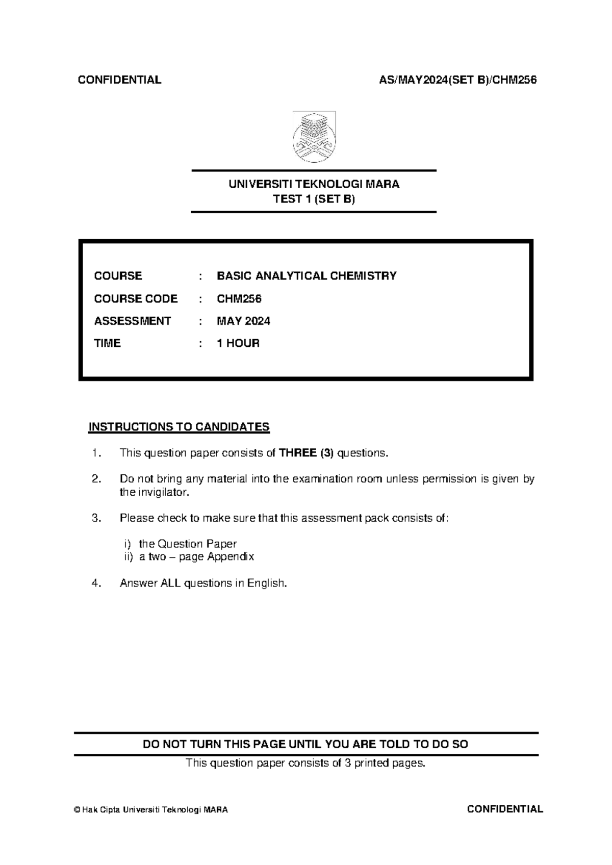 Test 1 CHM256: Basic Analytical Chemistry Question Paper (Set B) - Studocu