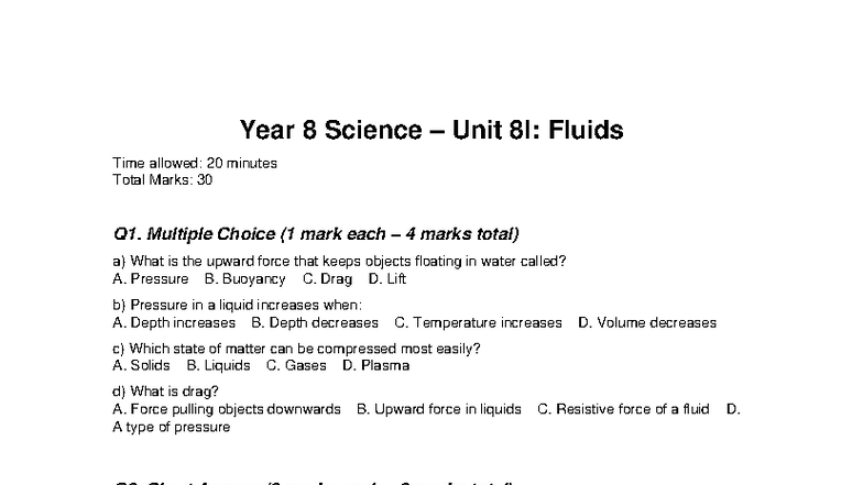 Exploring Science 8I: Fluids Test - Year 8 Science Exam - Studocu