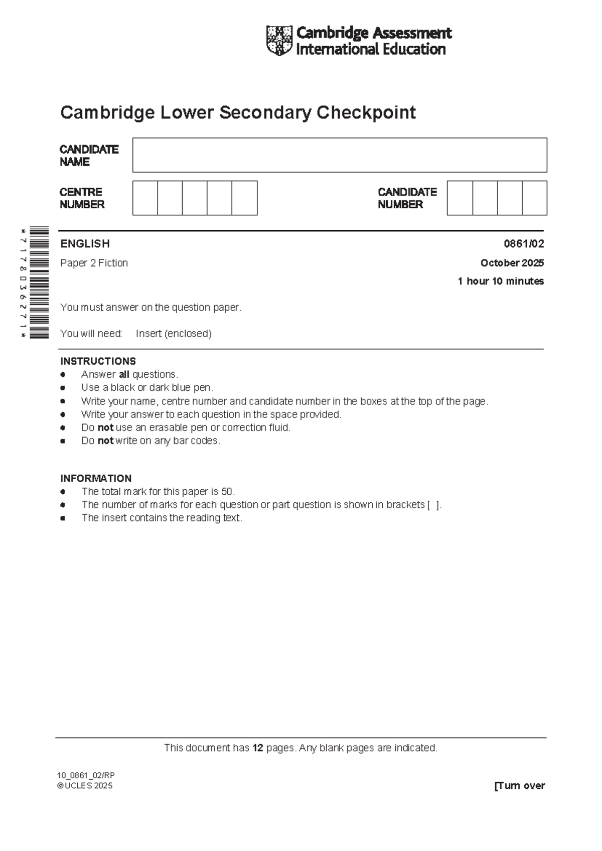 0861 English Checkpoint Paper 2: Fiction October 2025 - Studocu