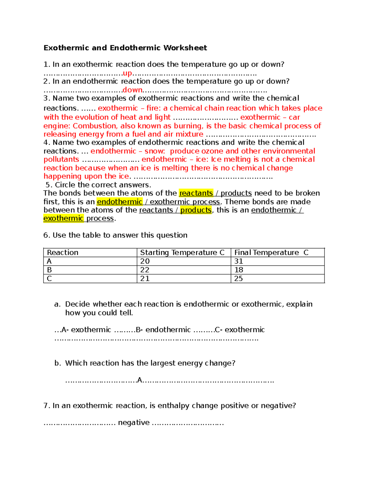 Chapter 2 Chemistry Worksheet: Exothermic vs Endothermic Reactions ...