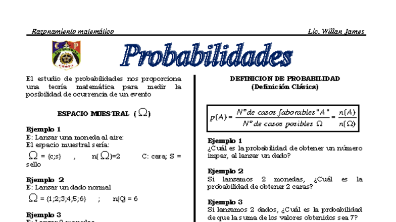 Razonamiento Matemático: Probabilidades - Lic. Willan James - Studocu