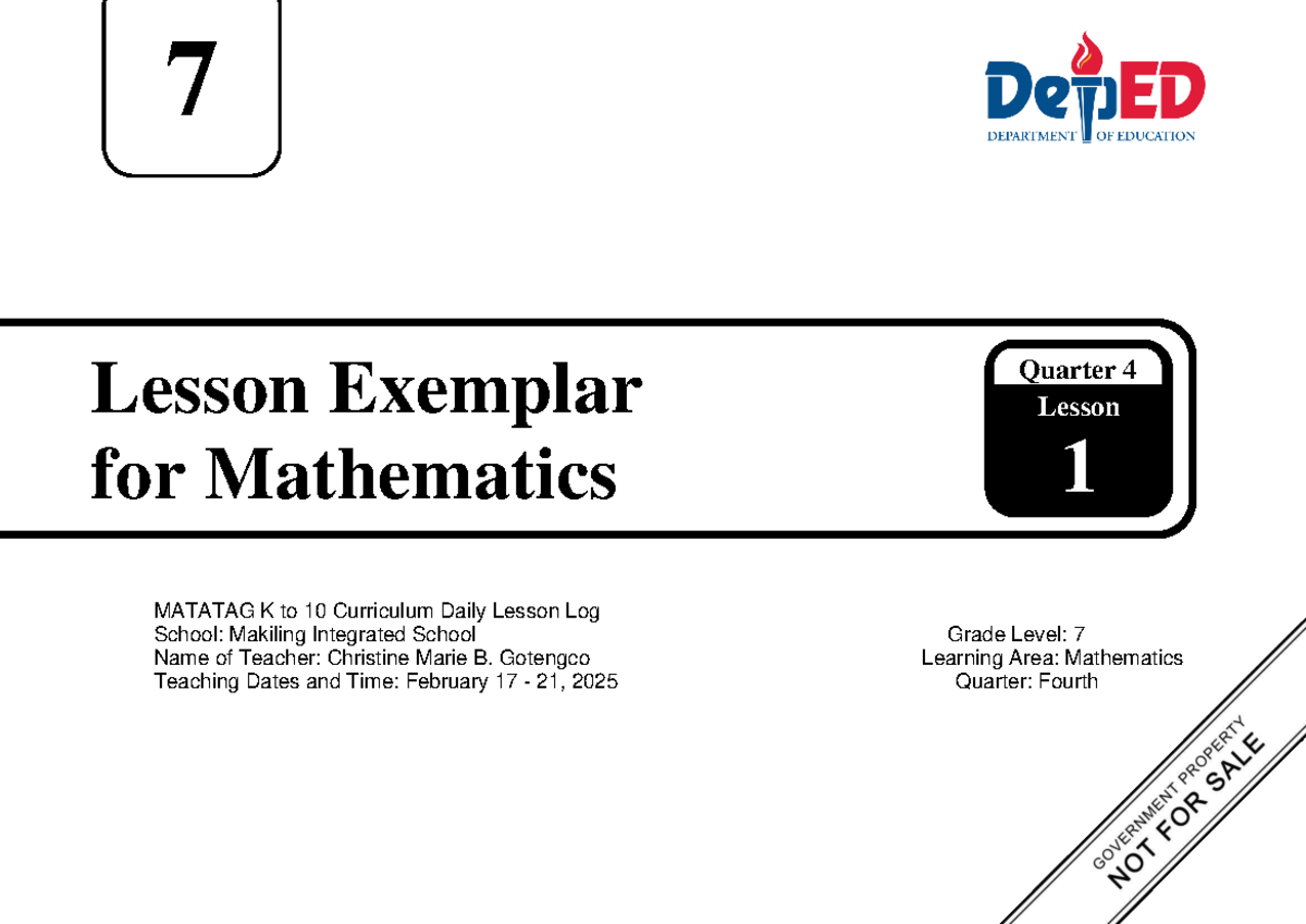 Q4 LE Math 7: Evaluating Algebraic Expressions - Week 2 Lesson - Studocu