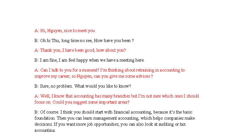 Dialogue on Accounting Career Advice - Speaking Test - Studocu