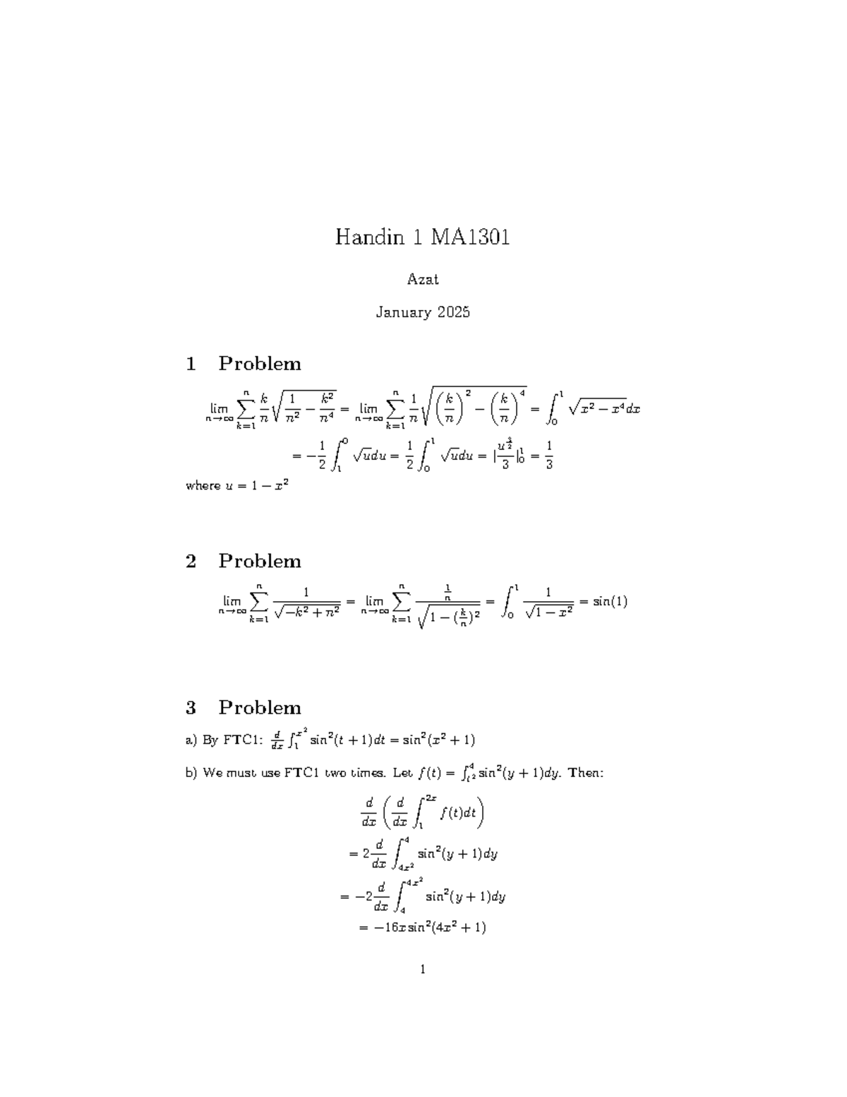 Handin 1 Solutions for MA1301 - Studocu