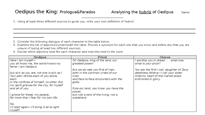 2026 12ENG Oedipus the King: Hubris Analysis & Character Adjectives ...