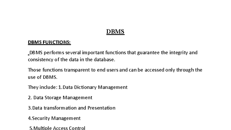 DBMS Functions and Commands: A Comprehensive Lecture Guide - Studocu