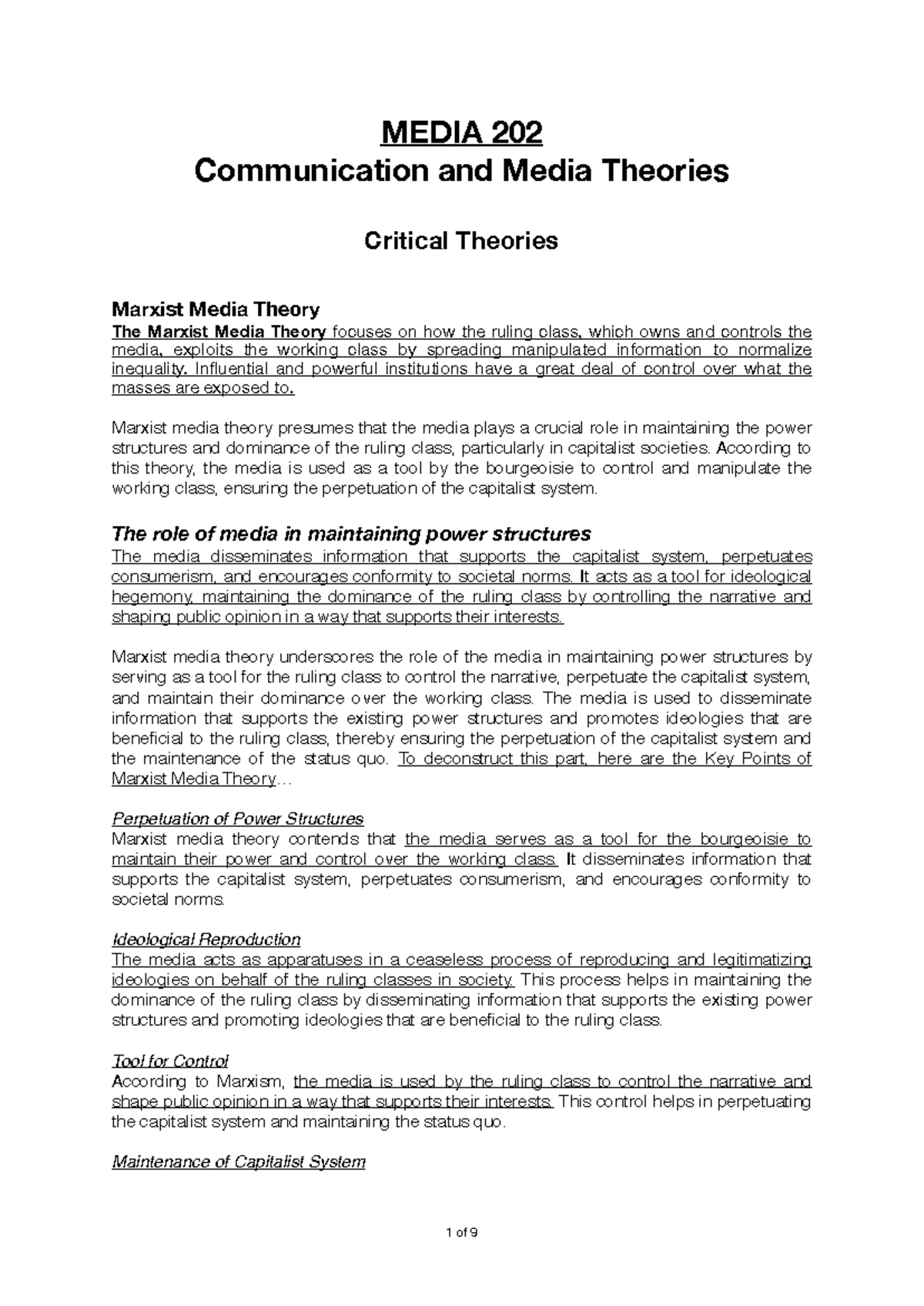 Report Media 202 - Lecture Handout - MEDIA 202 Communication and Media ...