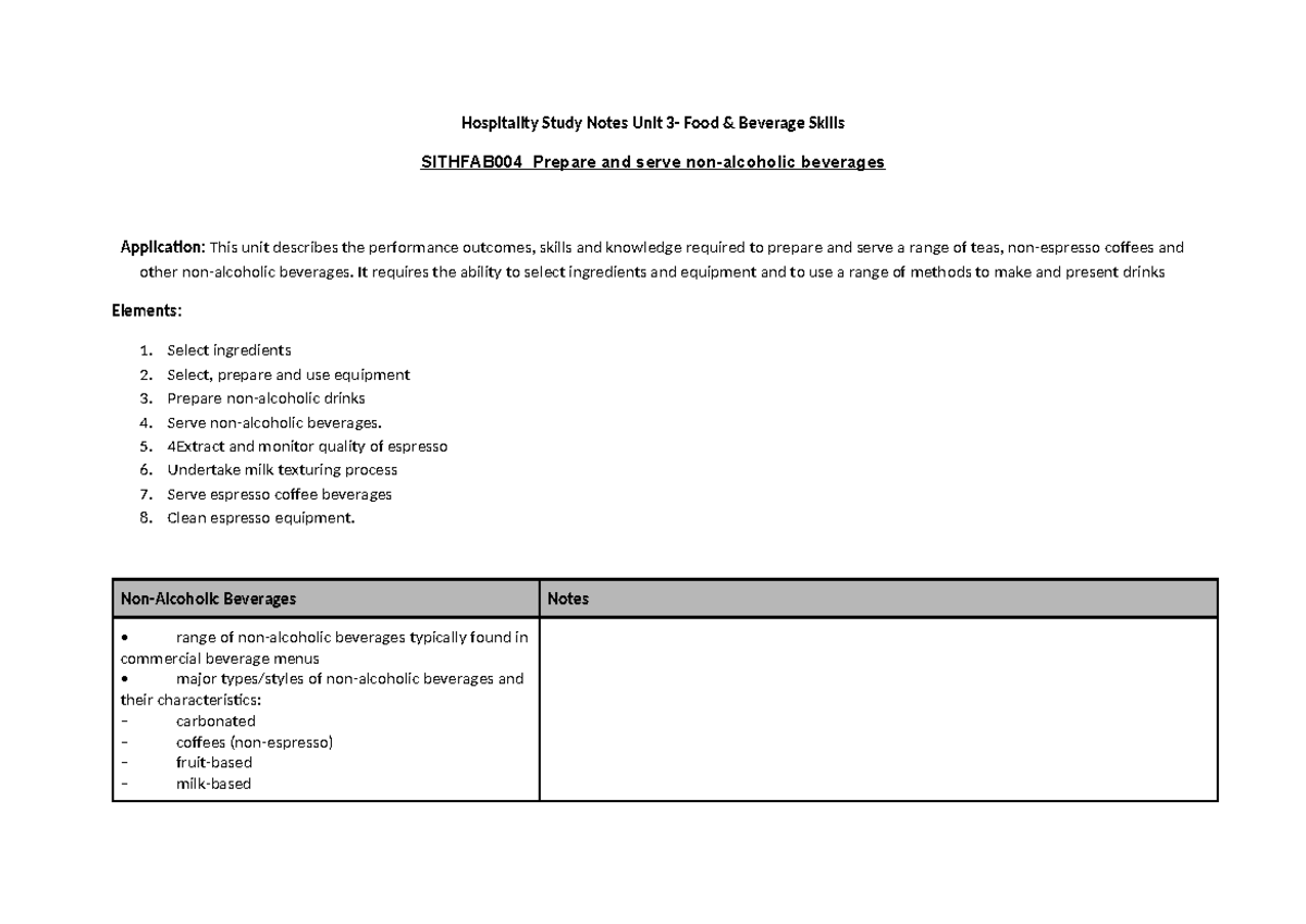 Hospitality Study Notes: Food & Beverage Skills SITHFAB004 - Studocu