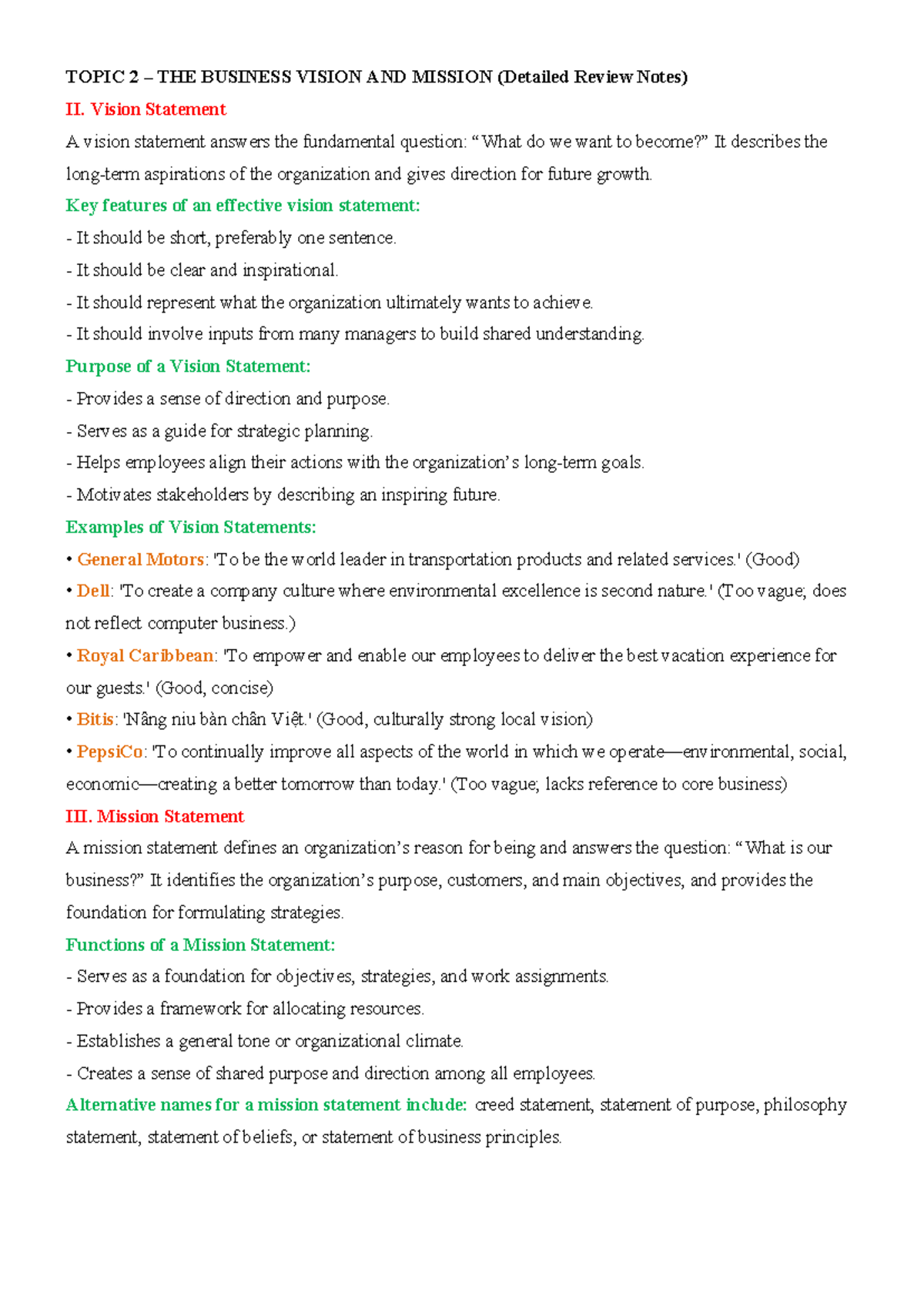 Topic 2: Business Vision and Mission - Detailed Review Notes - Studocu