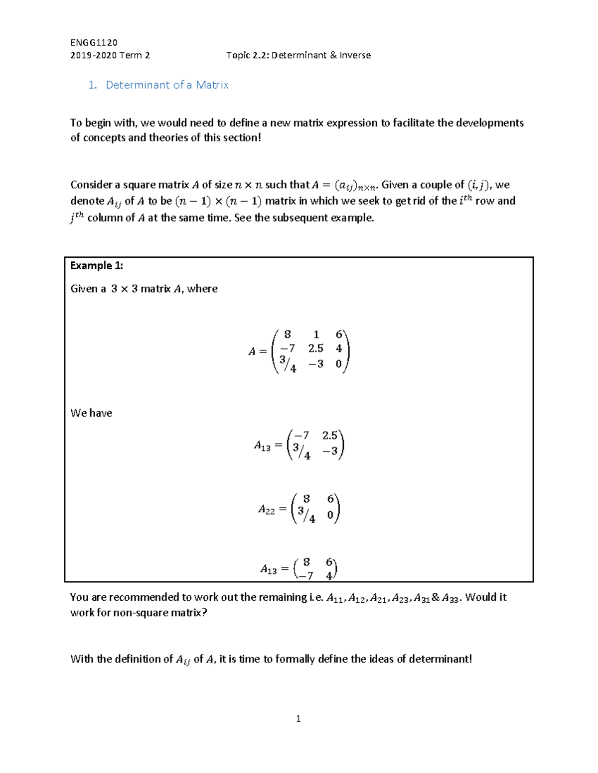 2.2 - Advanced Concepts in Matrices: Determinants & Inverses - Studocu