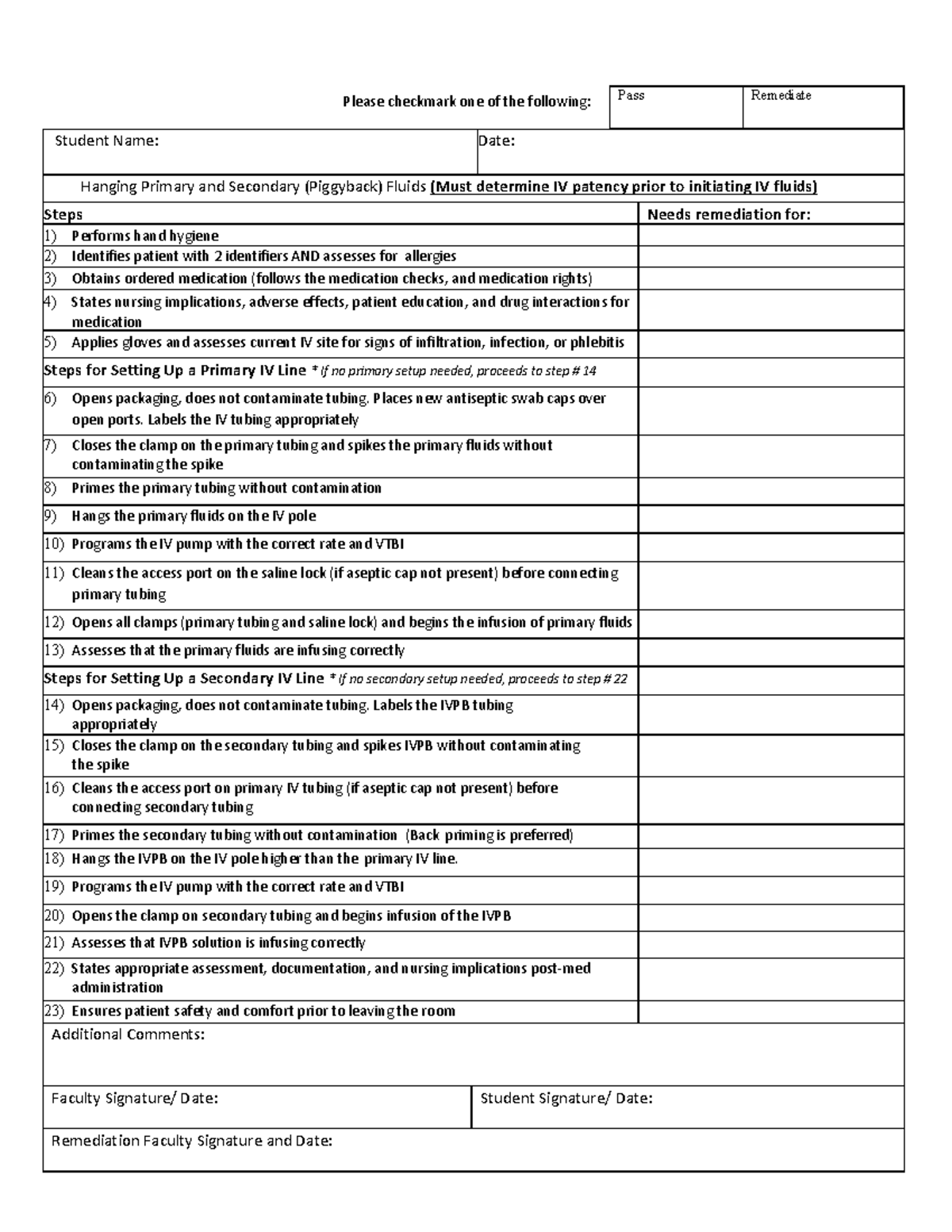 Hanging IV Primary & Secondary Fluids: Remediation Checklist - Studocu
