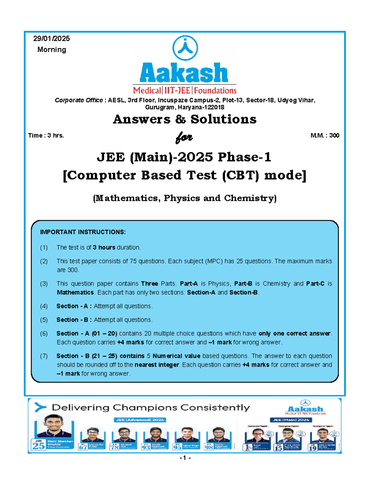 Ans-and-Sol JEE Main-2025 Ph-1 29-01-2025 Morning - Corporate Office ...