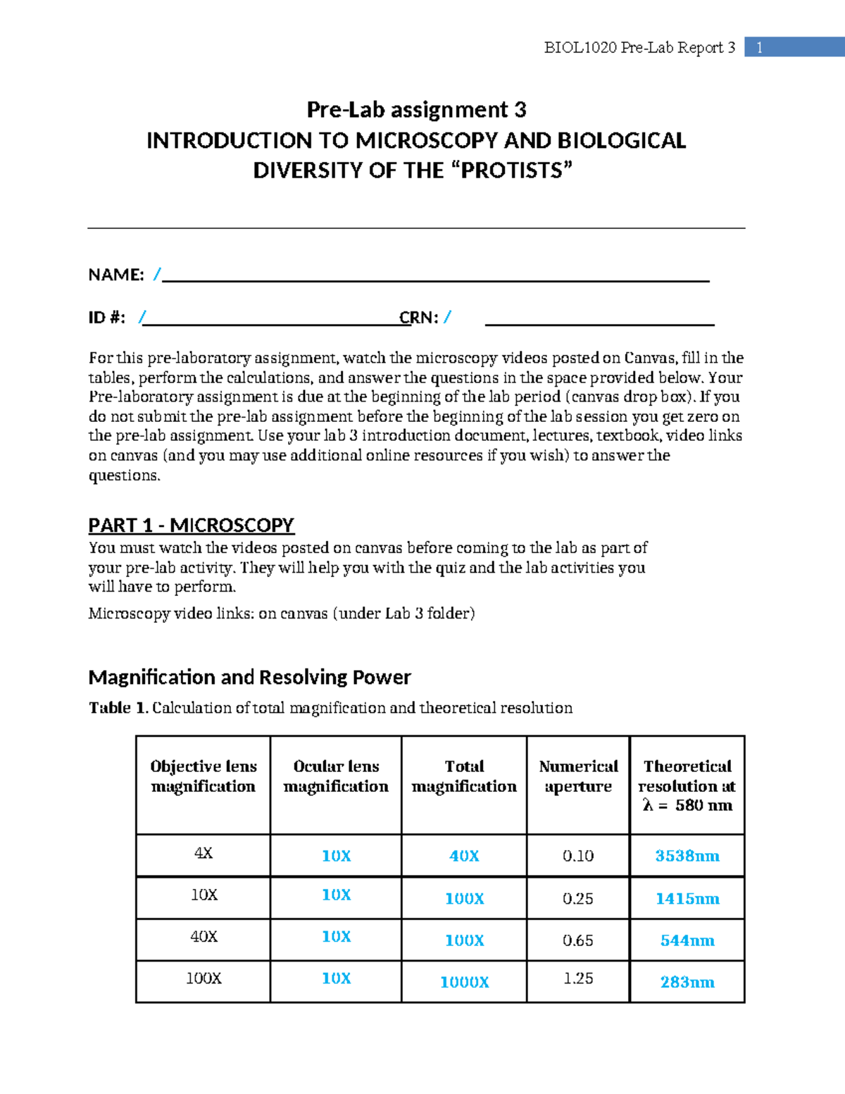 BIOL1020 Lab 3 Pre-Lab: Microscopy & Protist Diversity Analysis - Studocu
