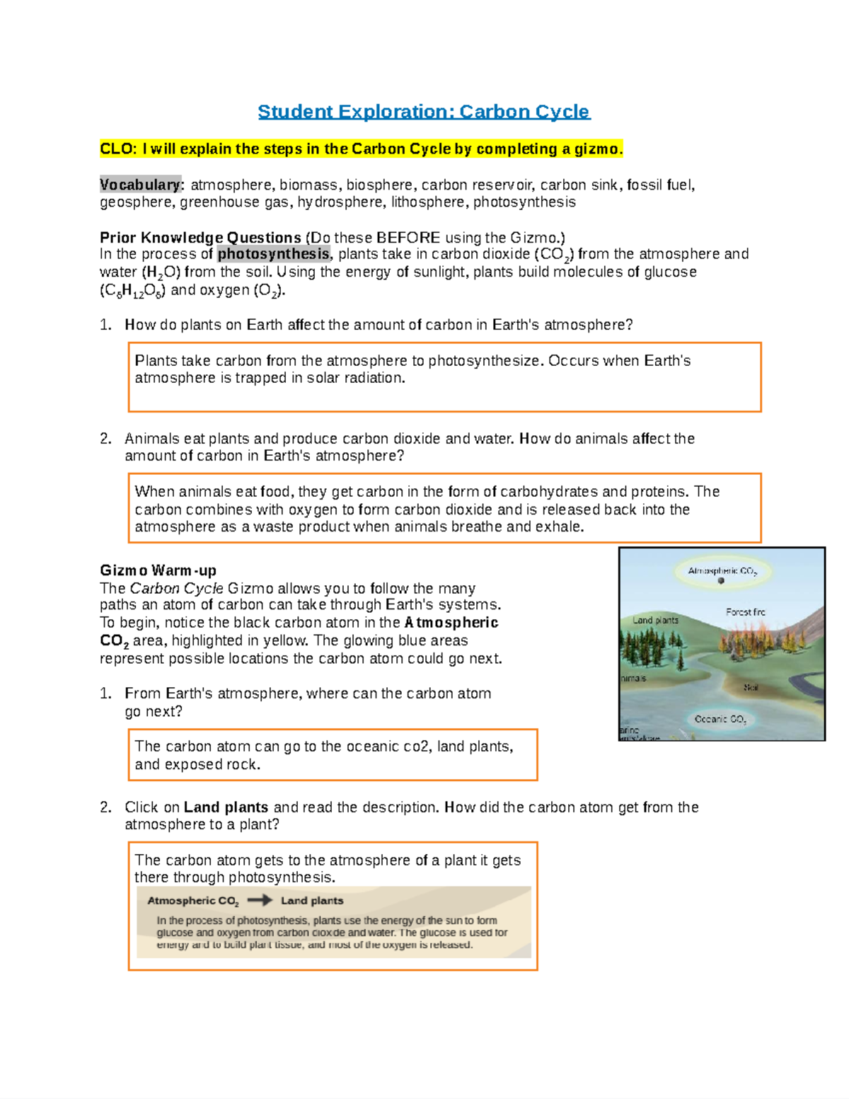Carbon Cycle Gizmo - Google Docs - Student Exploration: Carbon Cycle ...