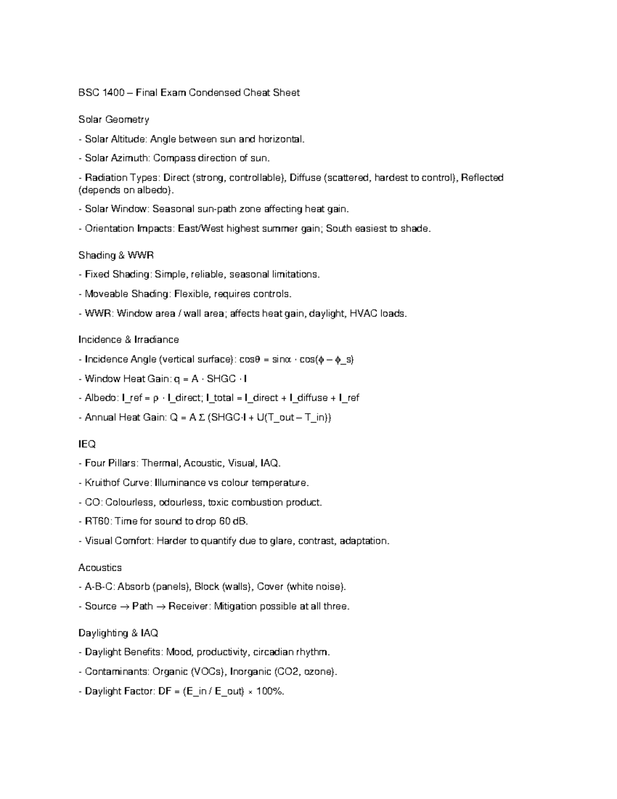 BSC 1400 Final Exam Cheat Sheet on Solar Geometry and IAQ - Studocu