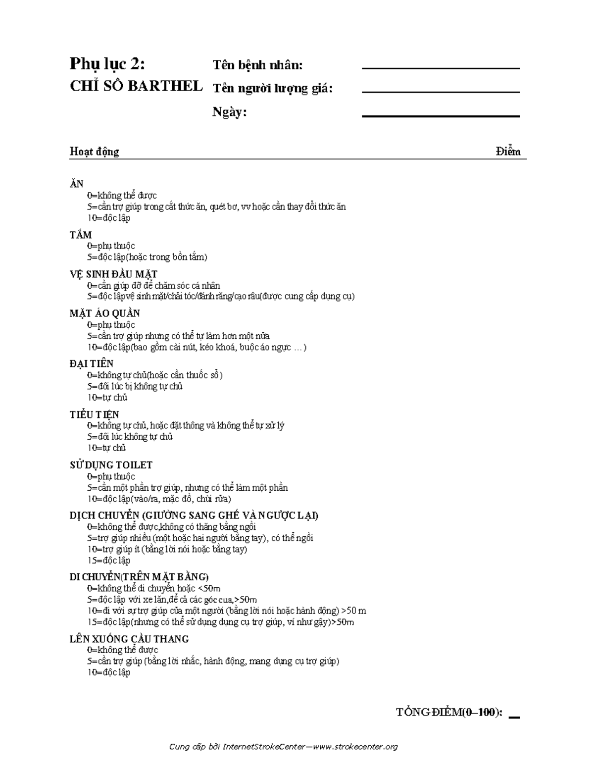 2. Thang điểm Barthel Index (BI) - Cung cấp bởi InternetStrokeCenter ...