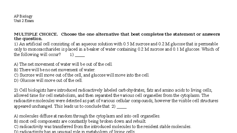 AP Biology AP Bio Unit 2 Exam: Multiple Choice Questions - Studocu