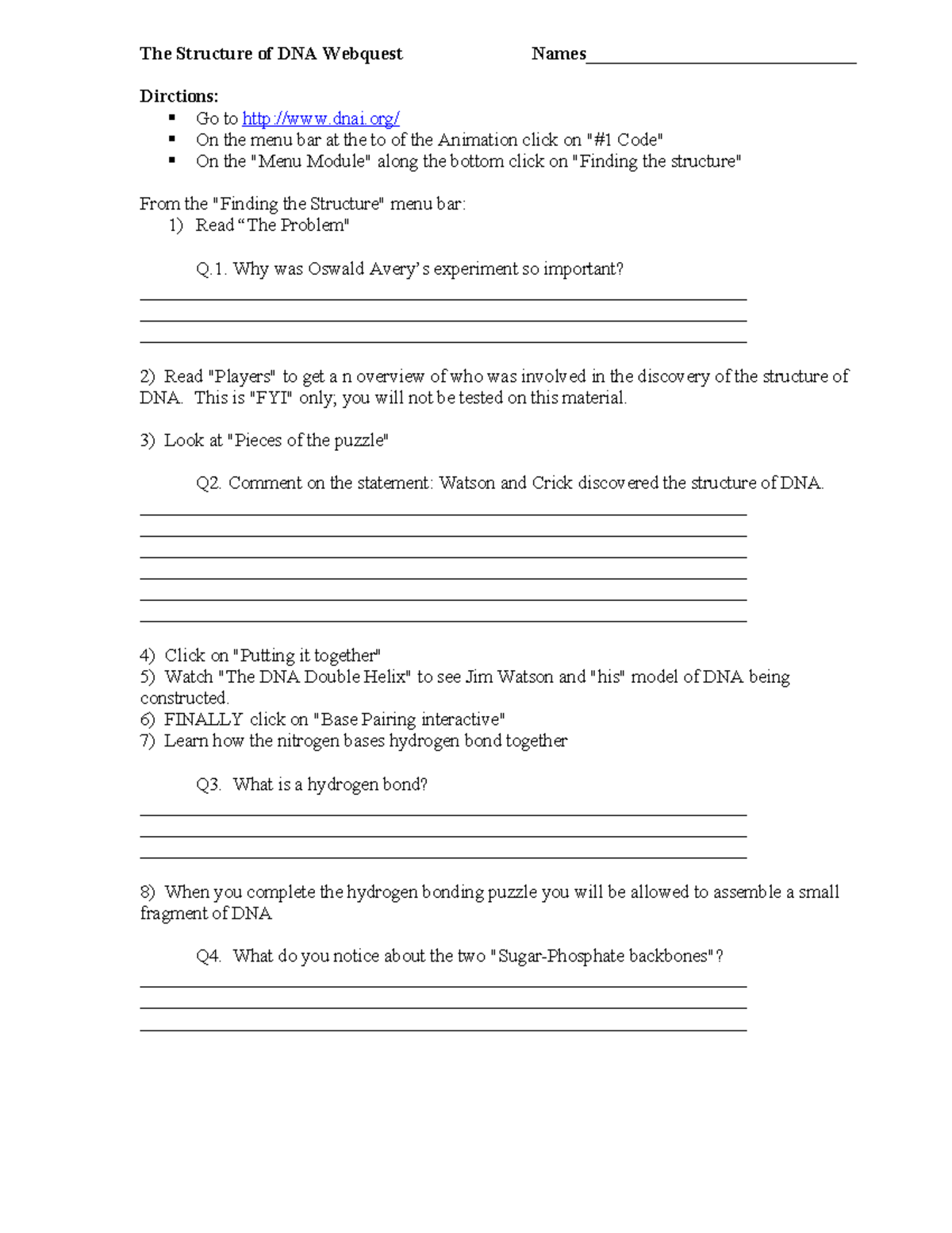 The Structure of DNA Webquest - Why was Oswald Avery’s experiment so ...