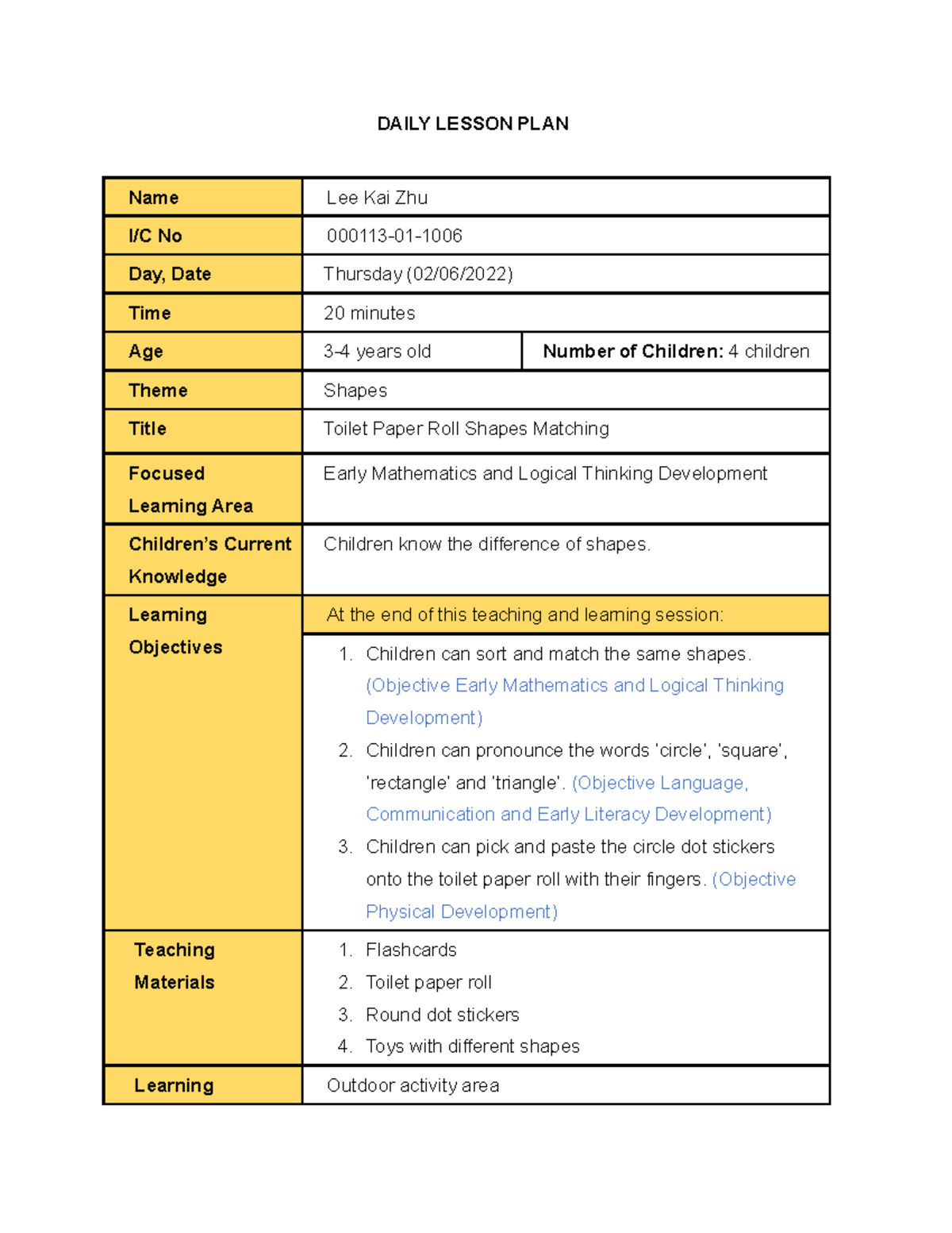 Lesson Plan for Ages 3-4: Shapes Matching Activity - Studocu