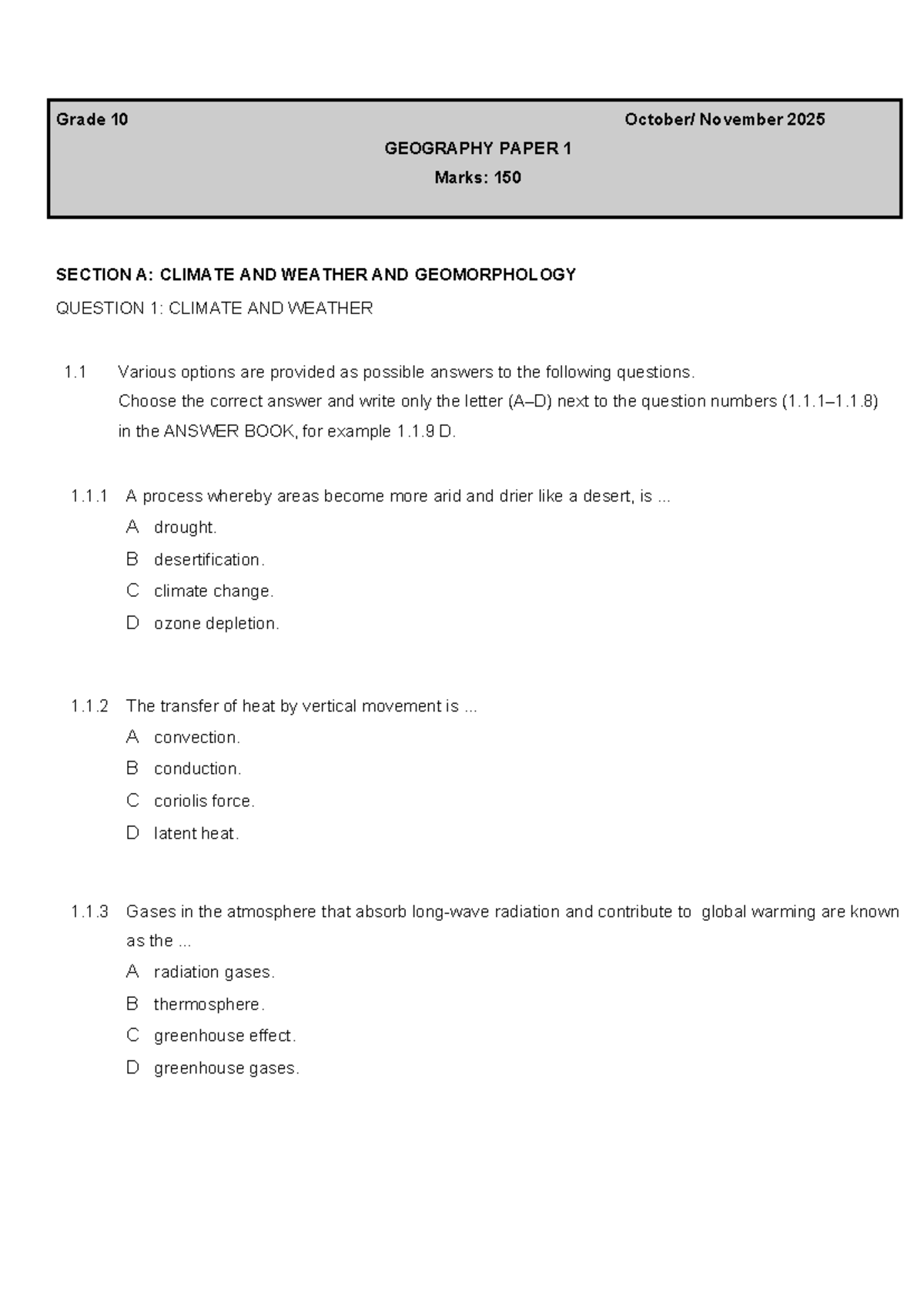 Grade 10 Geography November 2025 Paper 1 Question Paper - Studocu