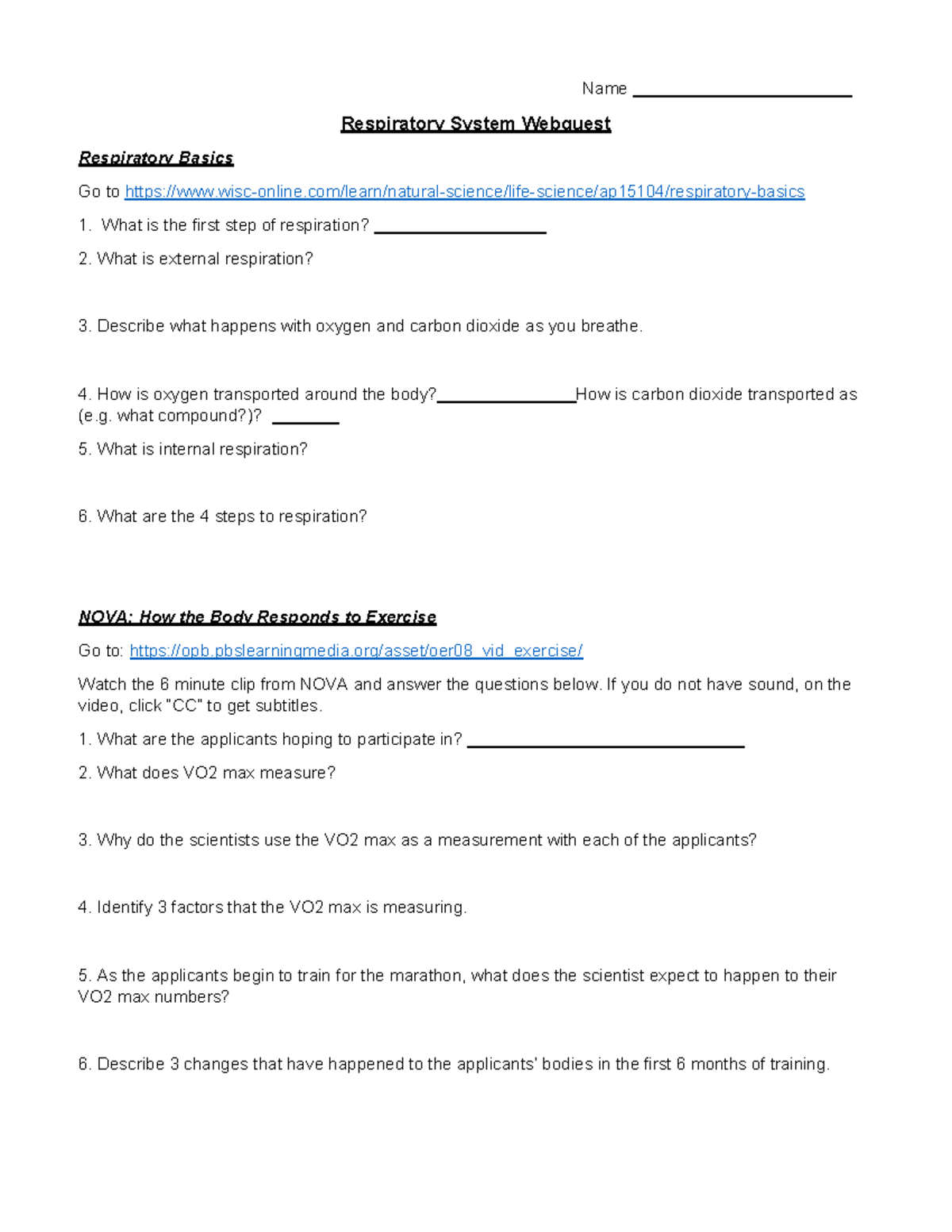 Respiratory System Webquest - Name Respiratory System Webquest ...