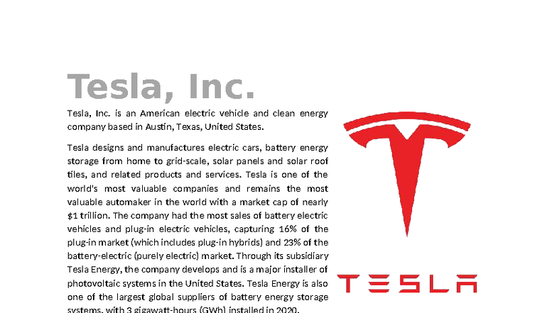 Tesla, Inc. Overview: Electric Vehicles & Clean Energy Insights - Studocu