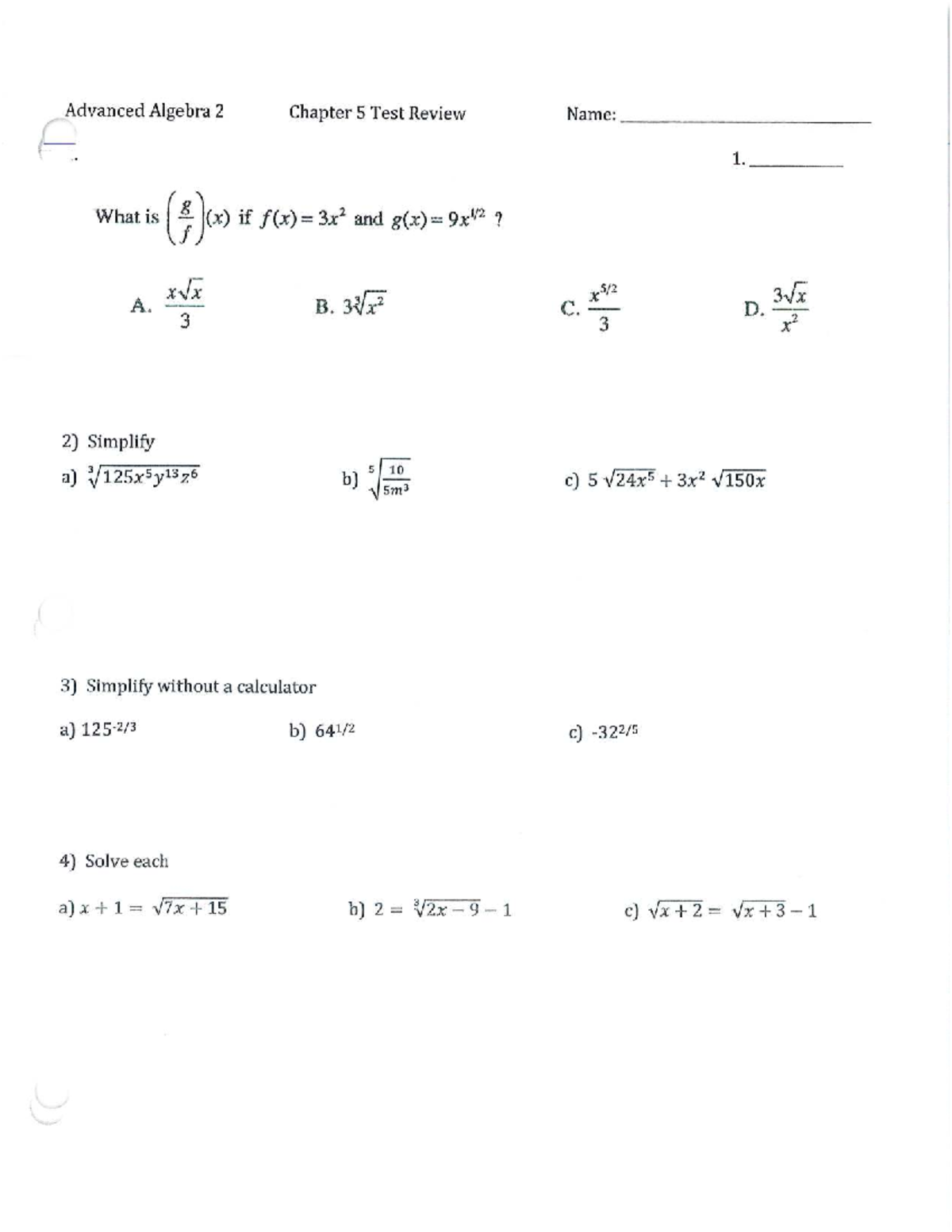 Advanced Algebra 2 Chapter 5 test review (2023-2024) - Studocu