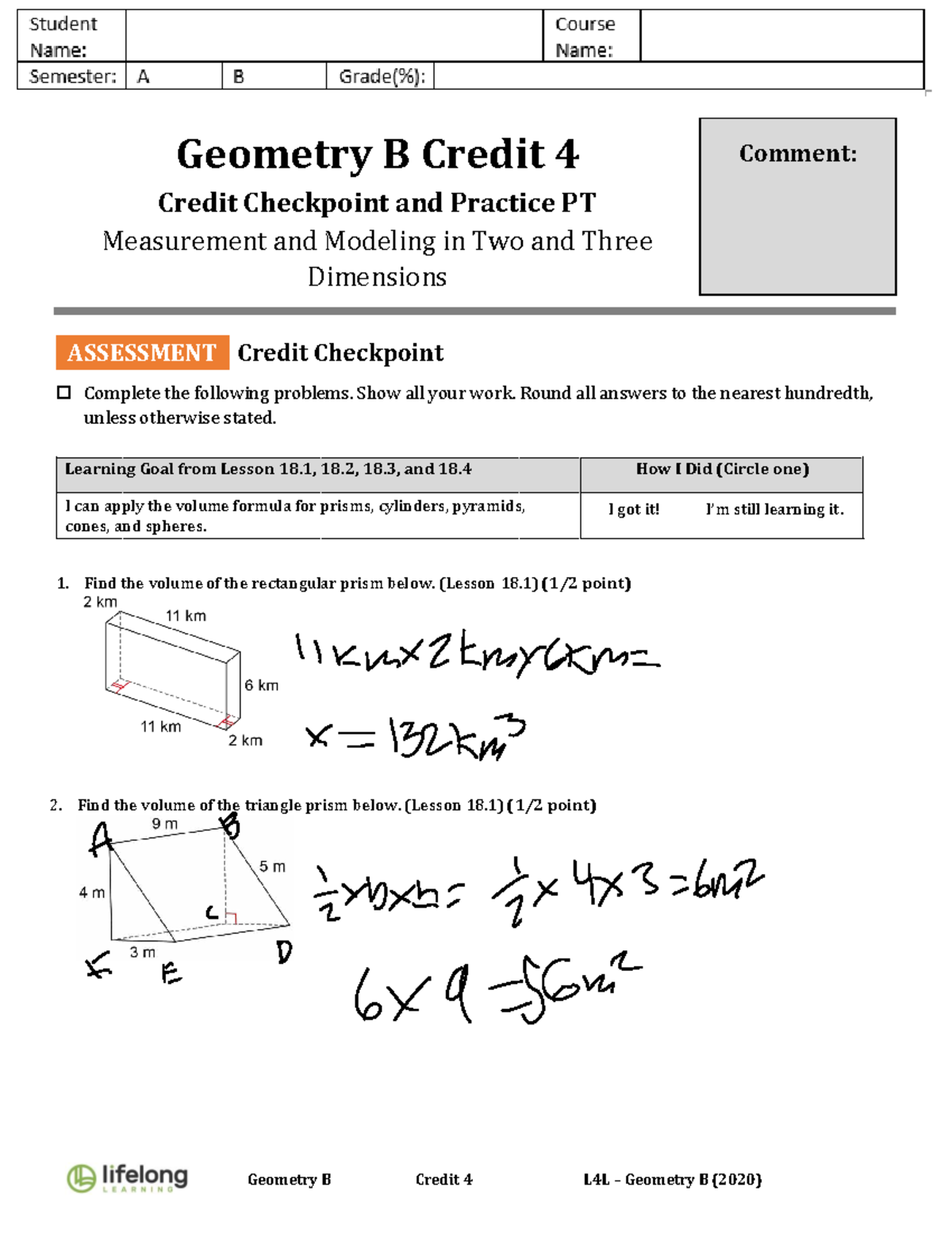 Geometry B Credit 4: Volume & Surface Area Checkpoint Assessment - Studocu