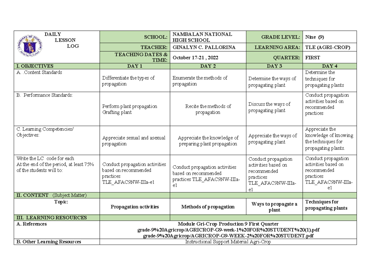 DLL - Lesson Log on Plant Propagation Techniques for TLE Grade 9 - Studocu